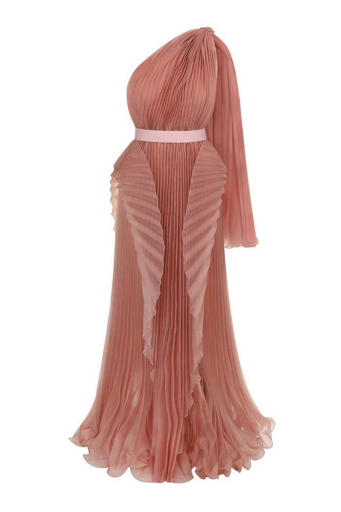 Lotus Caramel Evening Maxi Dress One Shoulder Pleated Organza Ruffles ...
