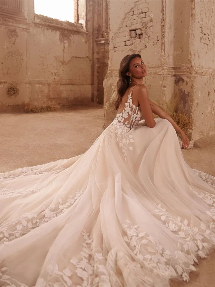 Boho V-neck Wedding Dresses Spaghetti Straps Tulle Gown – InStyle Shop